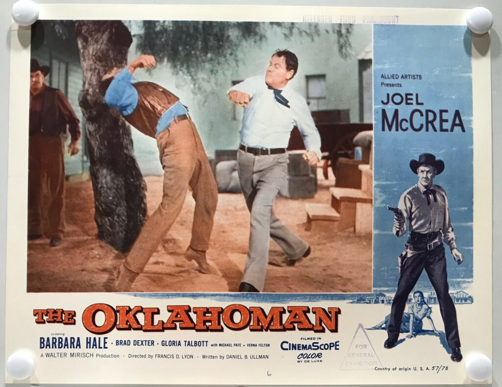 ORIGINAL LOBBY CARDS - THE OKLAHOMAN - 1957 - set of 8 - Joel McCrea, Barbara Hale, Brad Dexter ...
