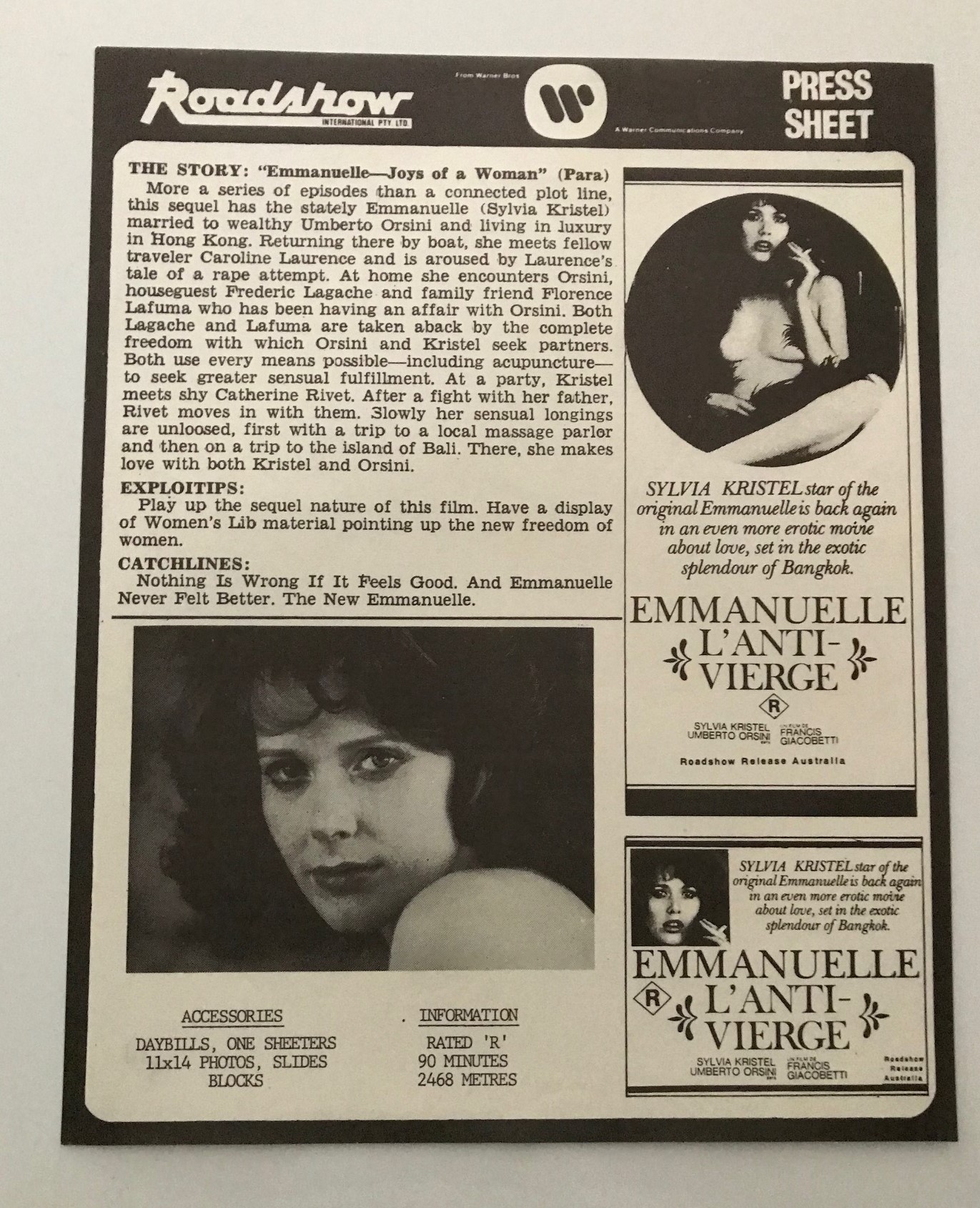 ORIGINAL MOVIE PRESS SHEET - EMMANUELLE 2 - 1975 - Sylvia Kristel, Umberto Orsini, Catherine ...