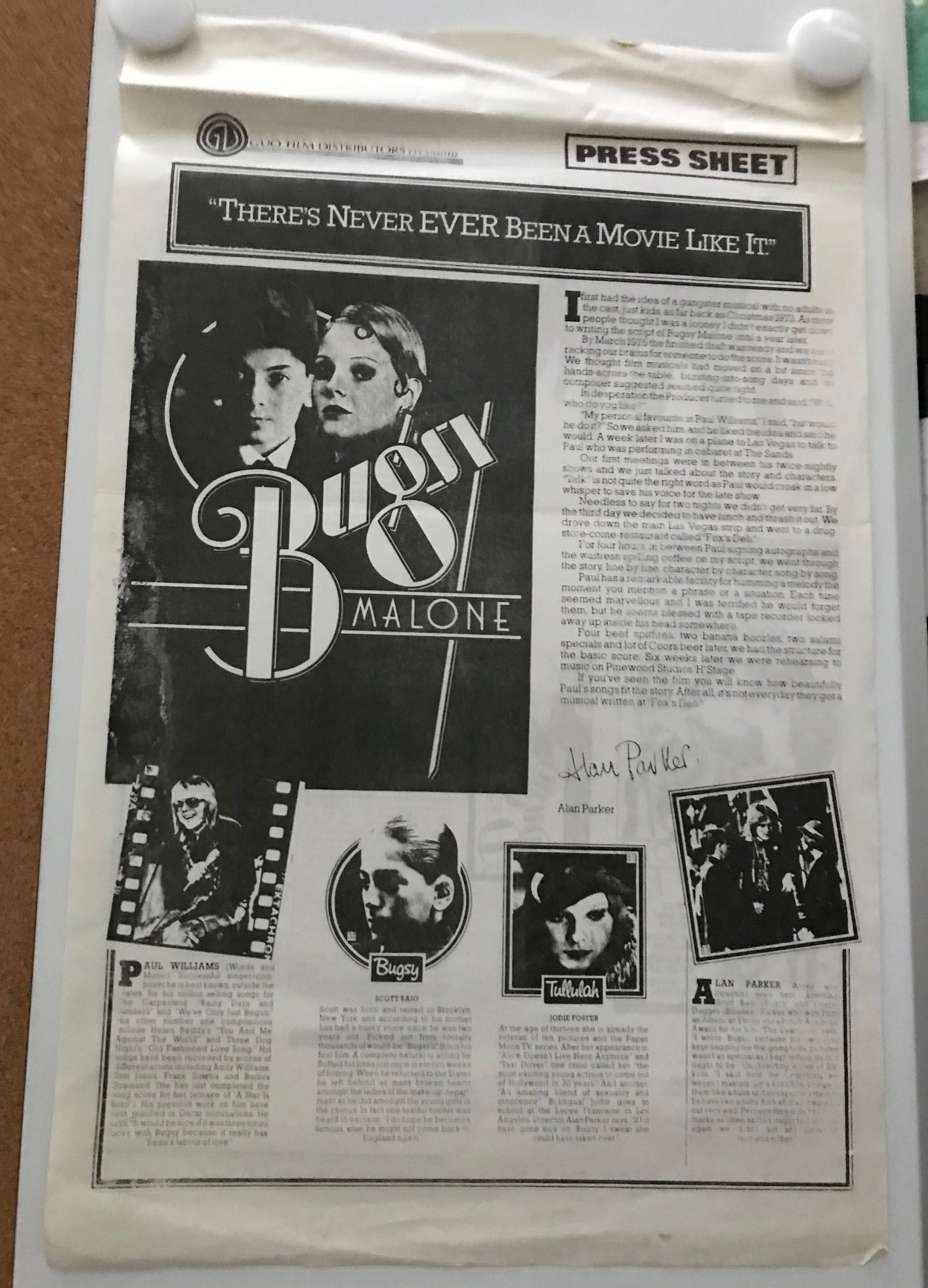 ORIGINAL MOVIE PRESS SHEET - BUGSY MALONE - 1976 - Scott Baio, Jodie Foster, Florrie Dugger ...