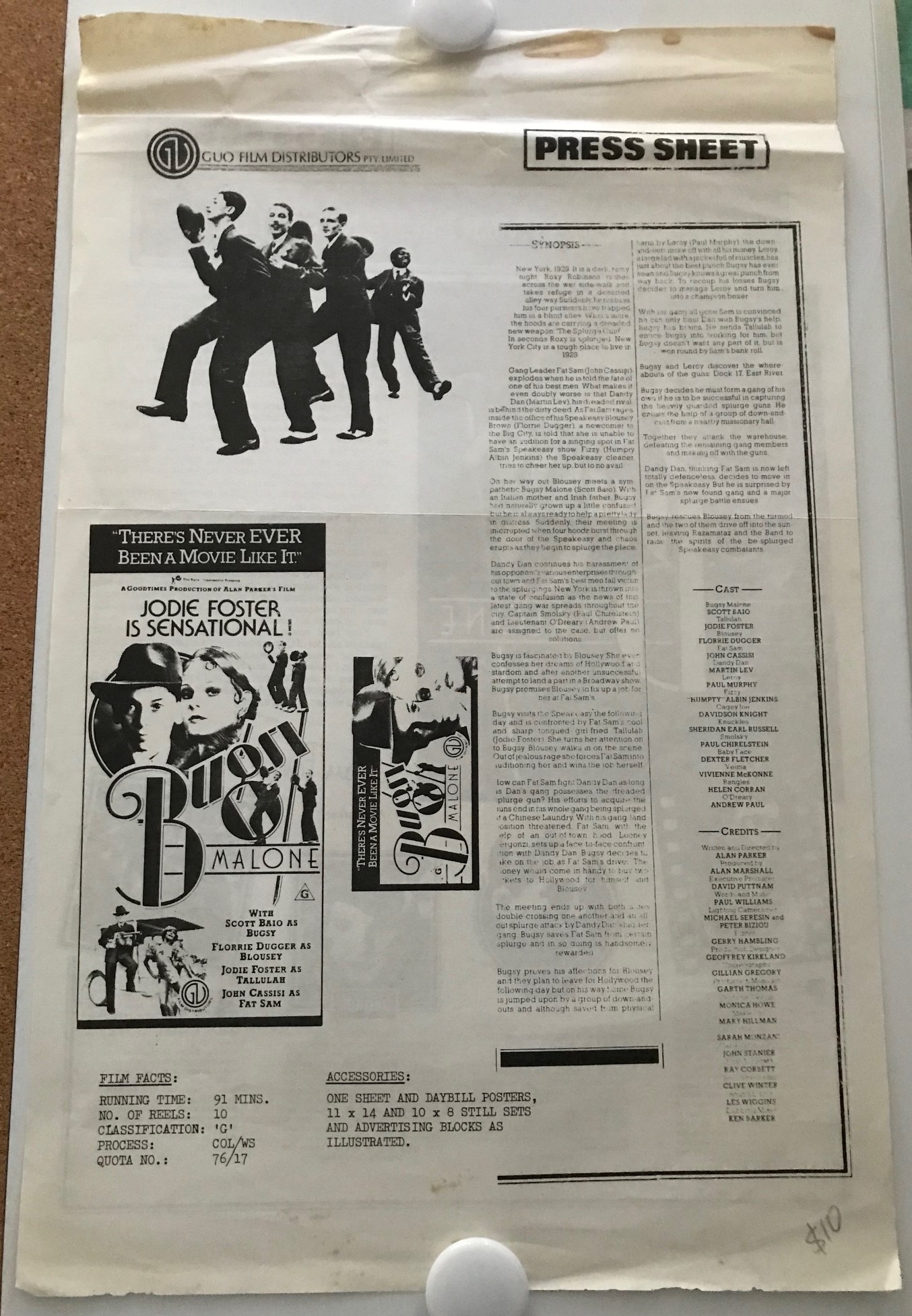 ORIGINAL MOVIE PRESS SHEET - BUGSY MALONE - 1976 - Scott Baio, Jodie ...